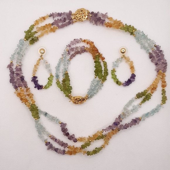 Lee Sands | Jewelry | Lee Sands Rainbow Stone Chip Gold Tone Full Set | Poshmark